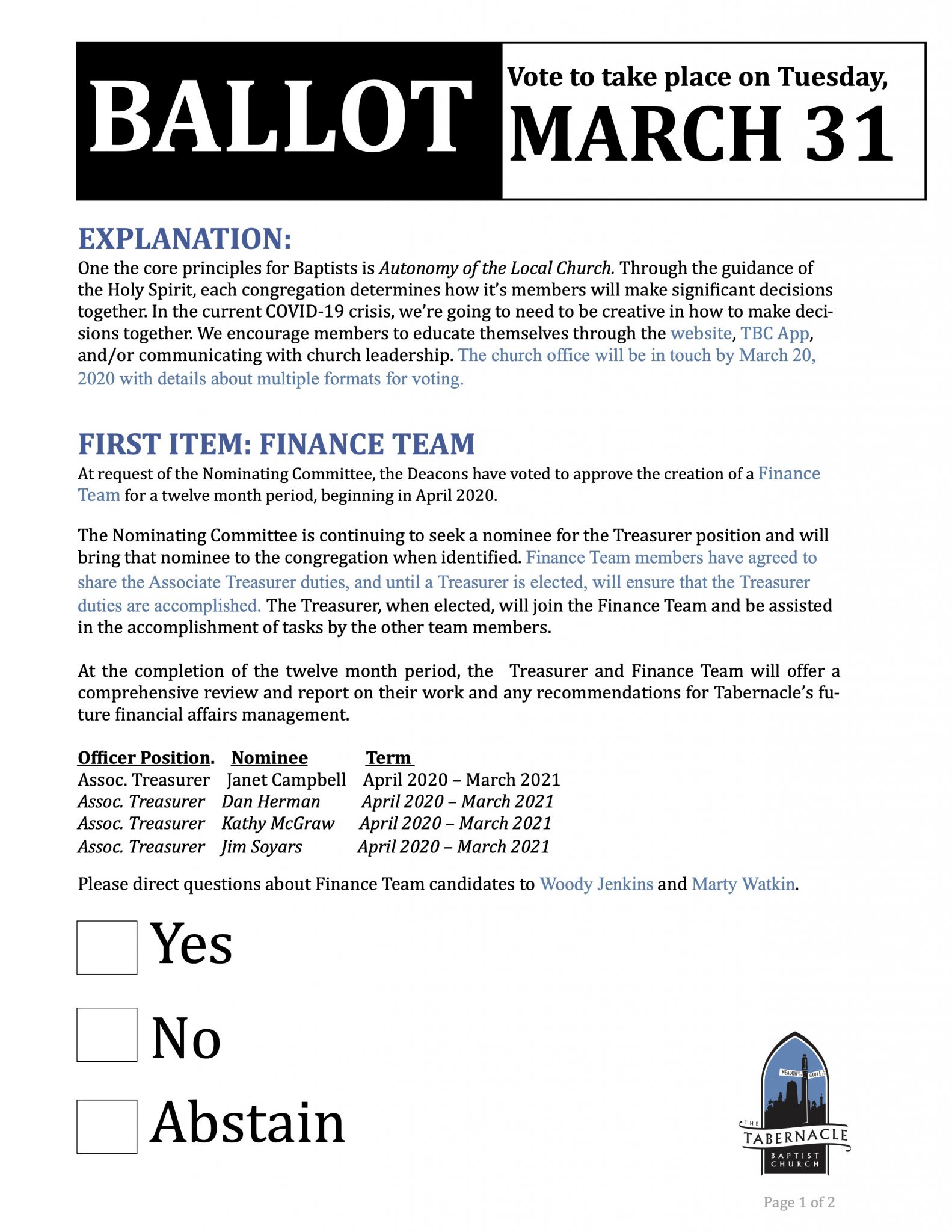 Membership: please be prepared to vote on Tues, March 31 – Tabernacle ...